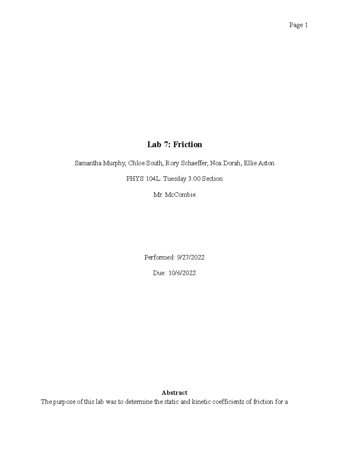 07 Lab Report Friction - Lab 7: Friction Samantha Murphy, Chloe South ...
