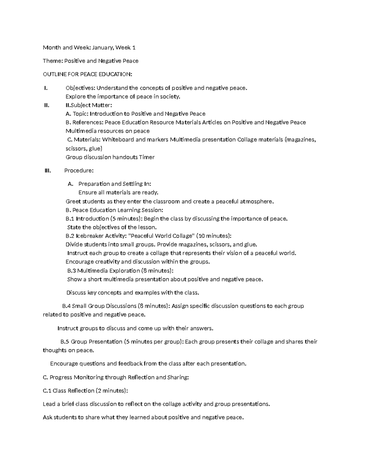 Peace education - teaching guides - Month and Week: January, Week 1 ...