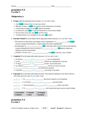 Spanish 9.1-9.2 - preparación Lección 9 Miniprueba A 1 Seleccionar ...
