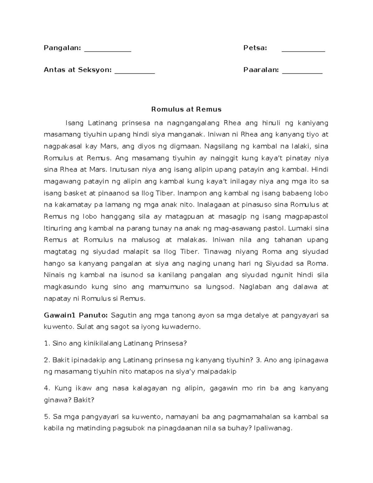 Gawain sa Filipino 10aa - Pangalan: ______________ Petsa ...