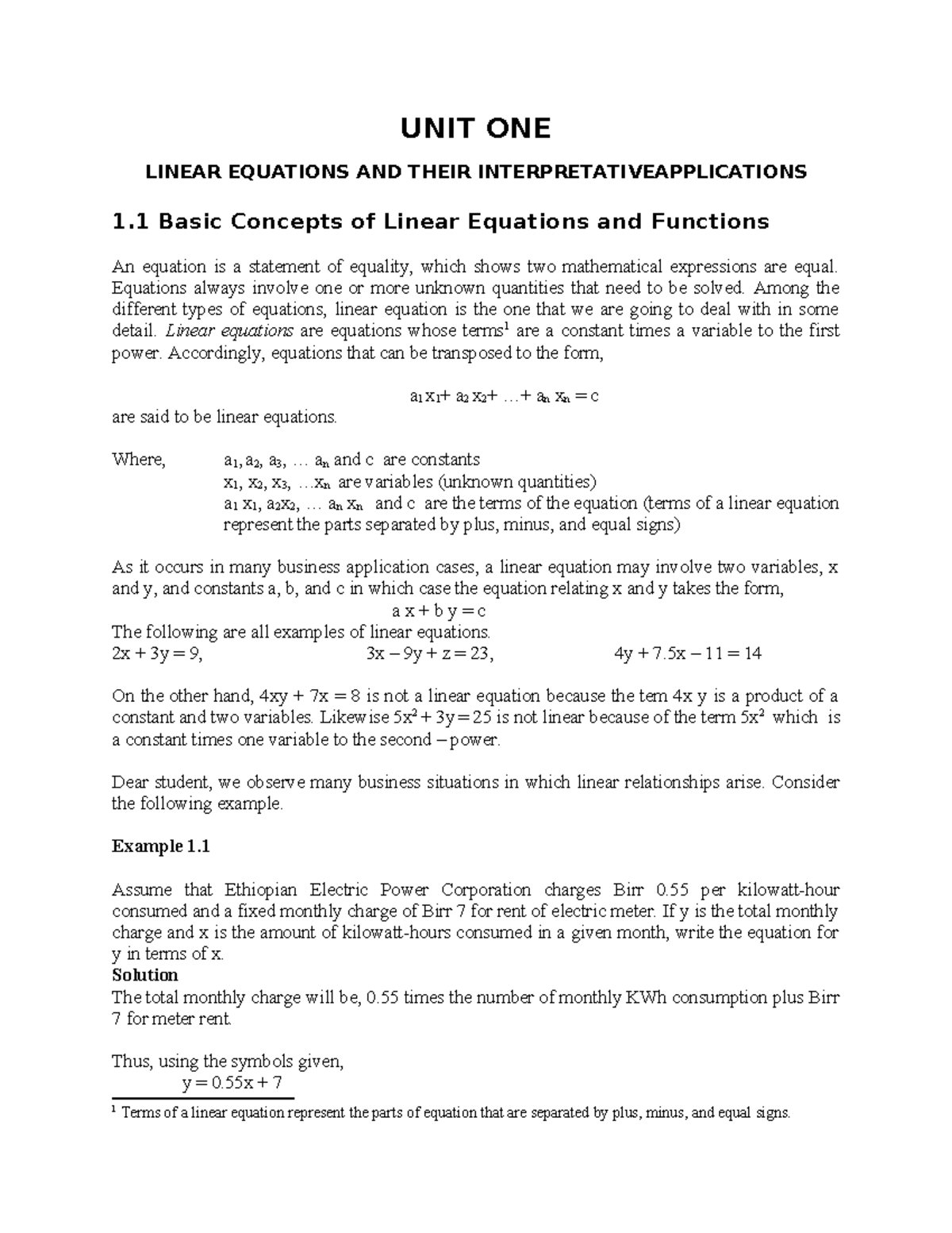 UNIT ONE - BUSINESS MATHEMATICS - UNIT ONE LINEAR EQUATIONS AND THEIR ...