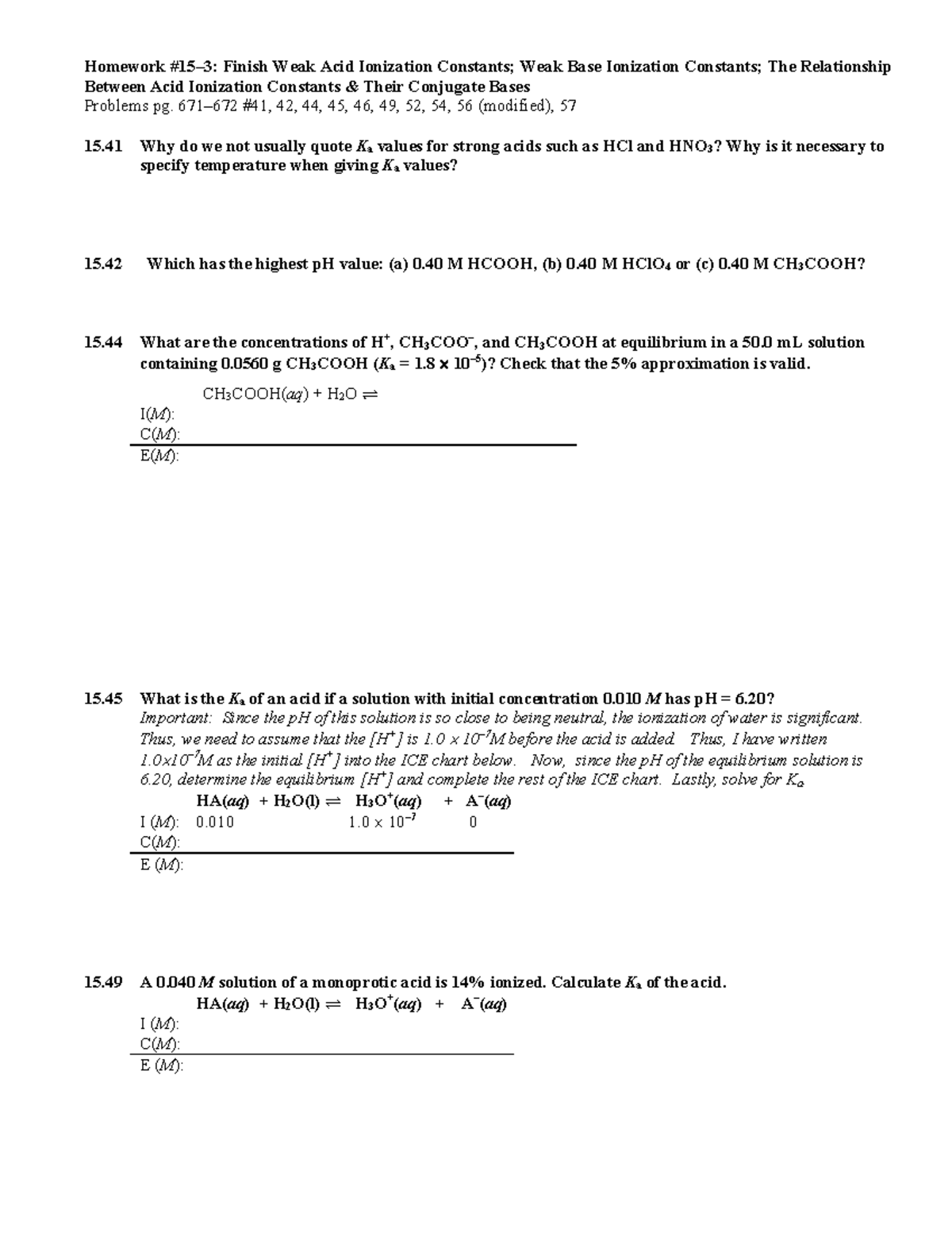 Weak Acid-Base Equilibrium - Homework #15–3: Finish Weak Acid ...