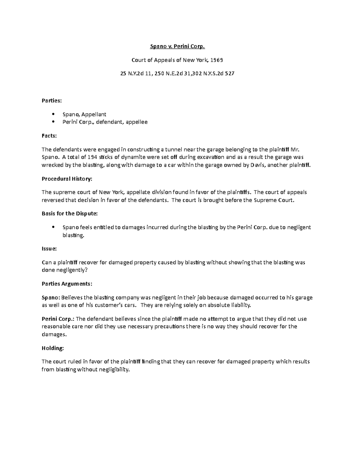 Spano case brief - Spano v. Perini Corp. Court of Appeals of New York ...