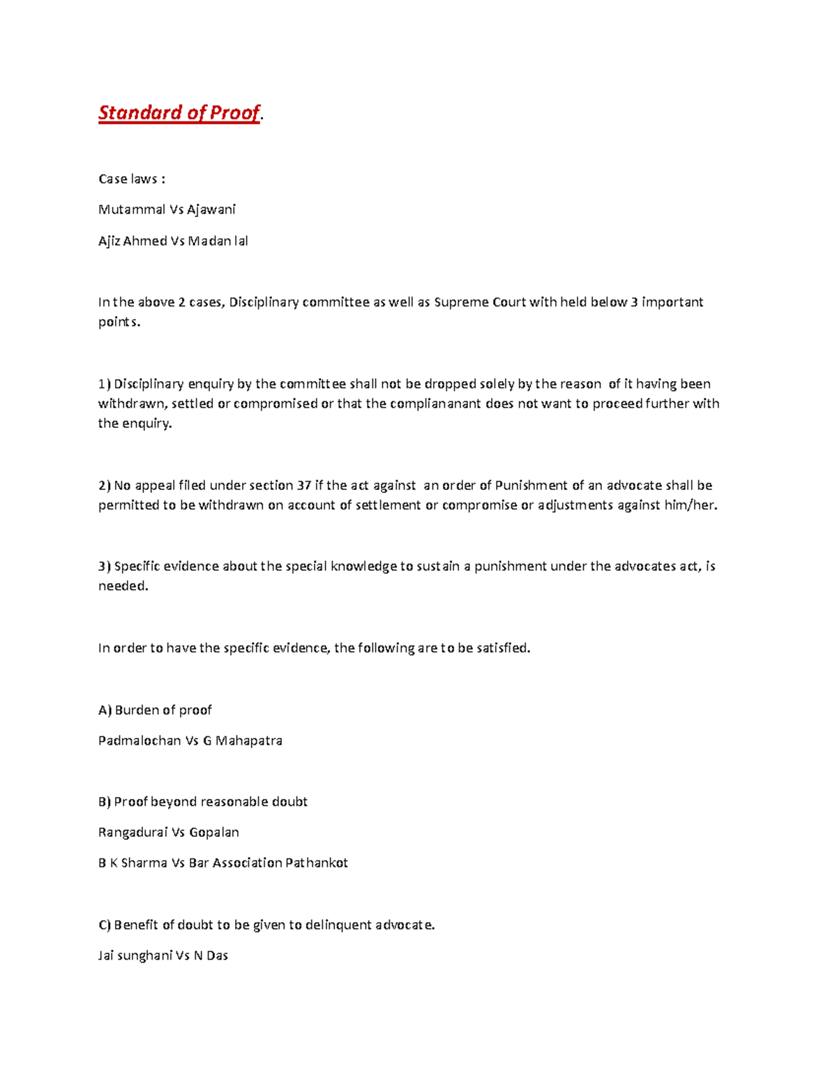 Standard of Proof - law - Standard of Proof. Case laws : Mutammal Vs ...