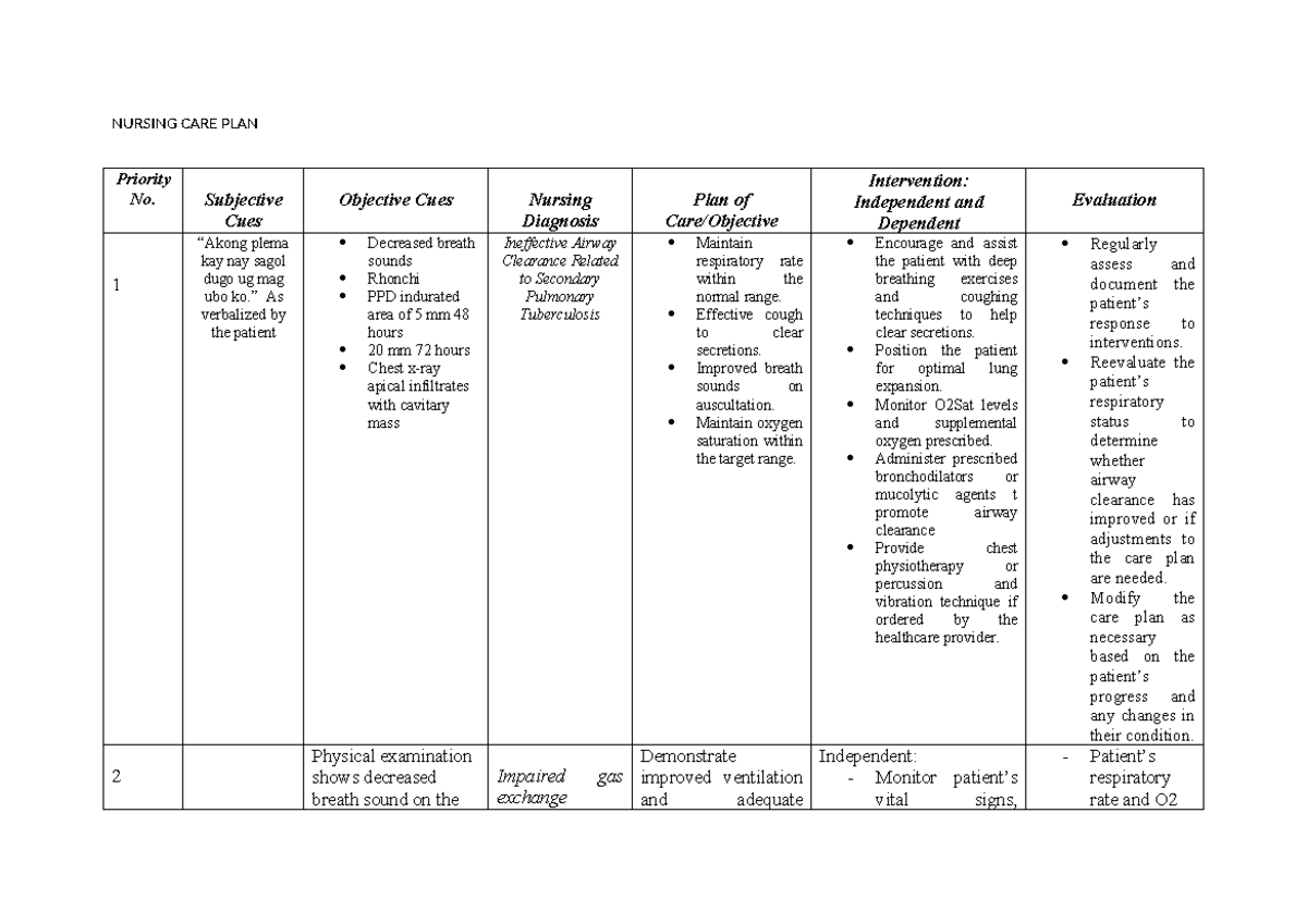 Nursing care plan_for nursing students - NURSING CARE PLAN Priority No ...