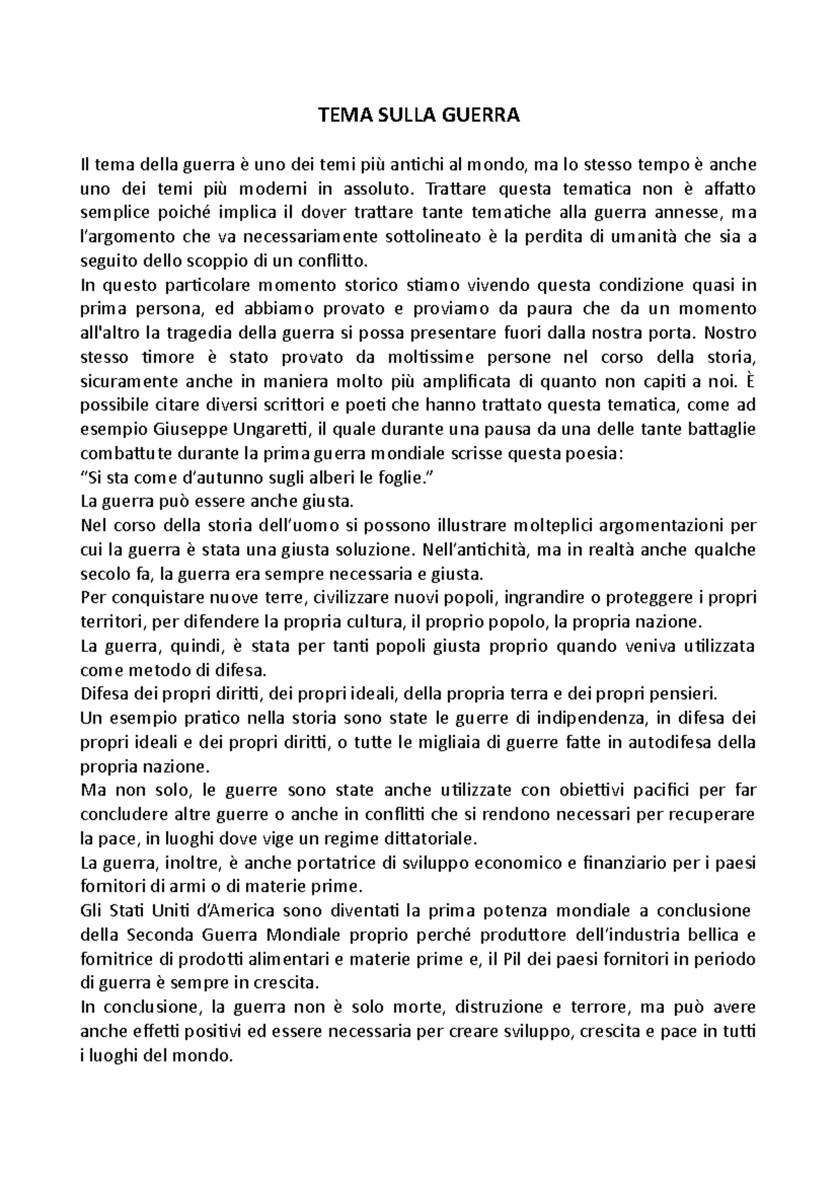 TEMA Sulla Guerra - Arte, storia dell'arte, documents, lecture notes ...