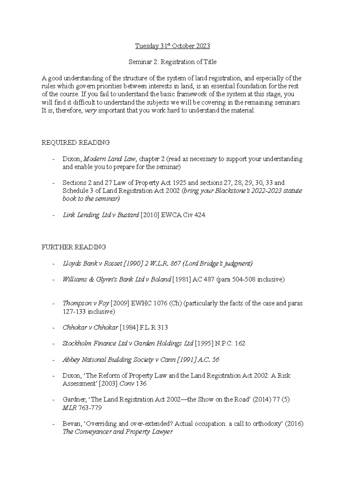 Seminar 2 - Tuesday 31st October 2023 Seminar 2: Registration of Title ...