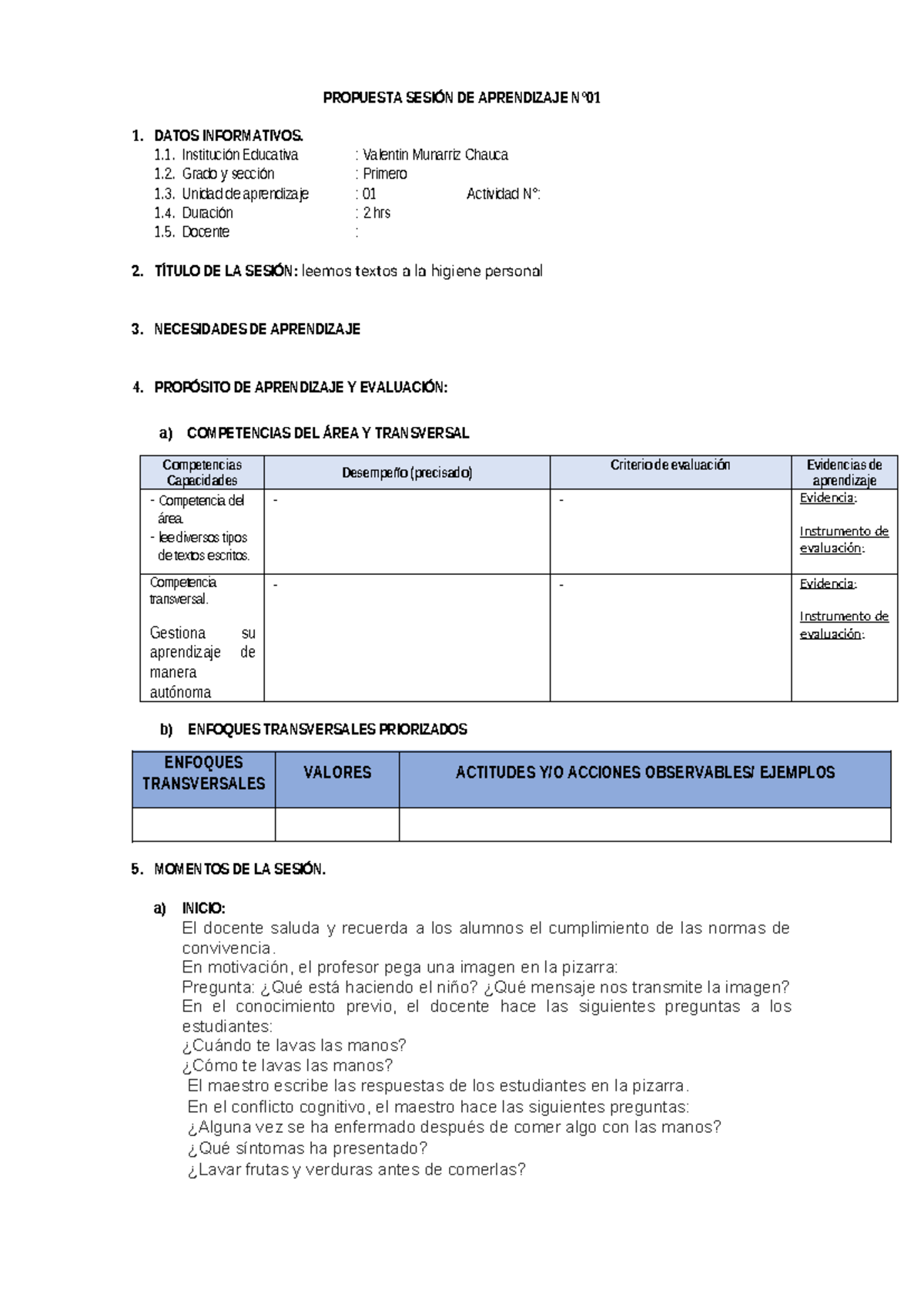 Modelo Sesion 2024 - PROPUESTA SESIÓN DE APRENDIZAJE N° 1. DATOS INFORMATIVOS. 1. Institución ...