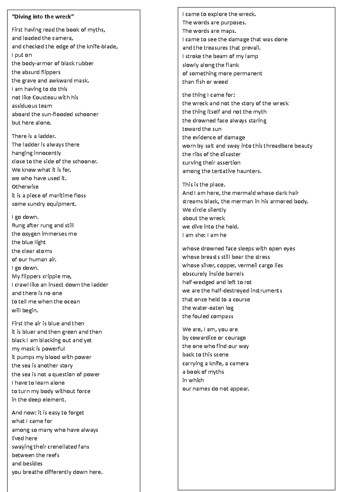 Diving into the wreck poem - Literatura Norteamericana II: Moderna y ...