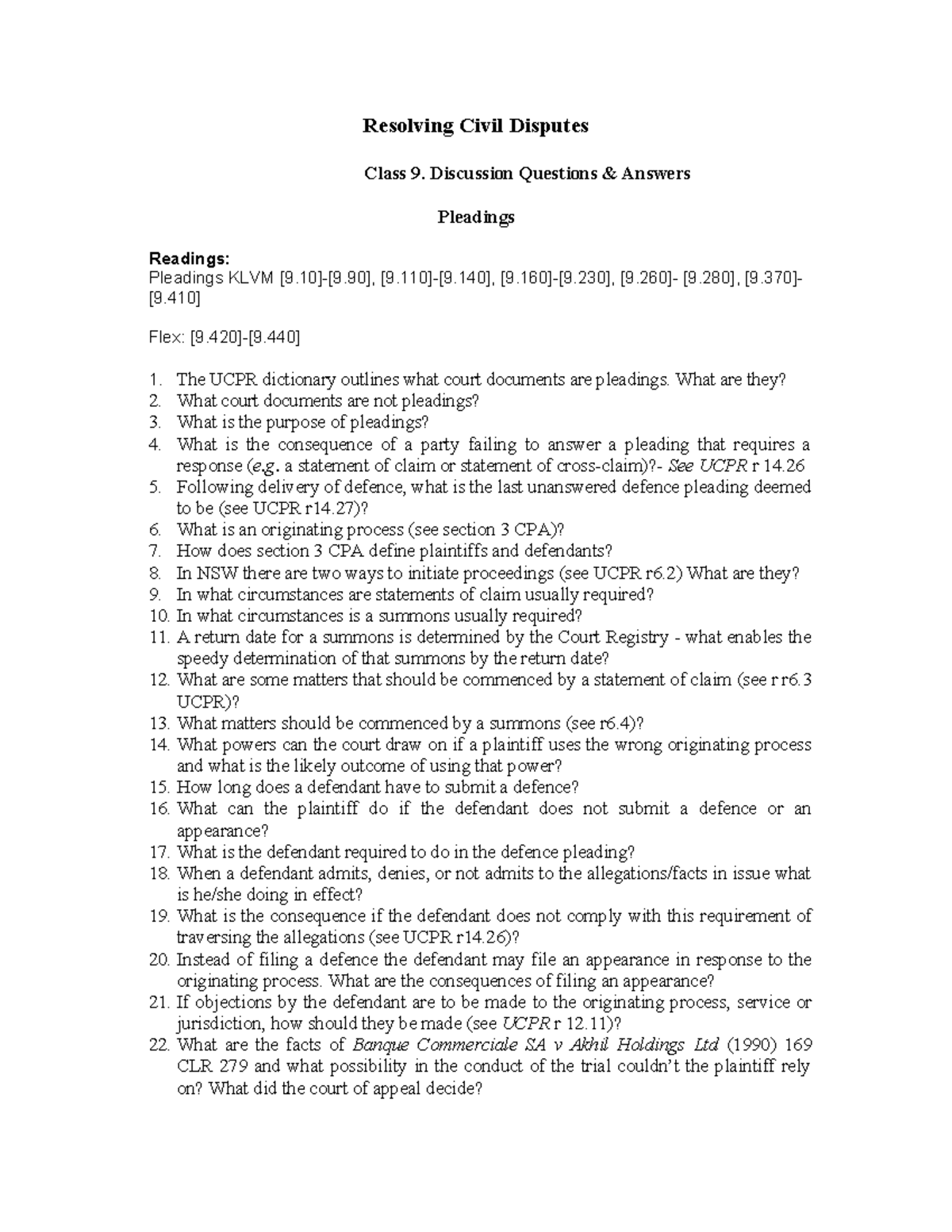 Class 9 Pleadings class Questions notes - Resolving Civil Disputes ...