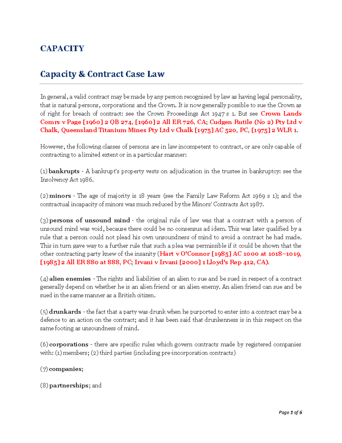 Capacity Notes - contract - CAPACITY Capacity & Contract Case Law In ...