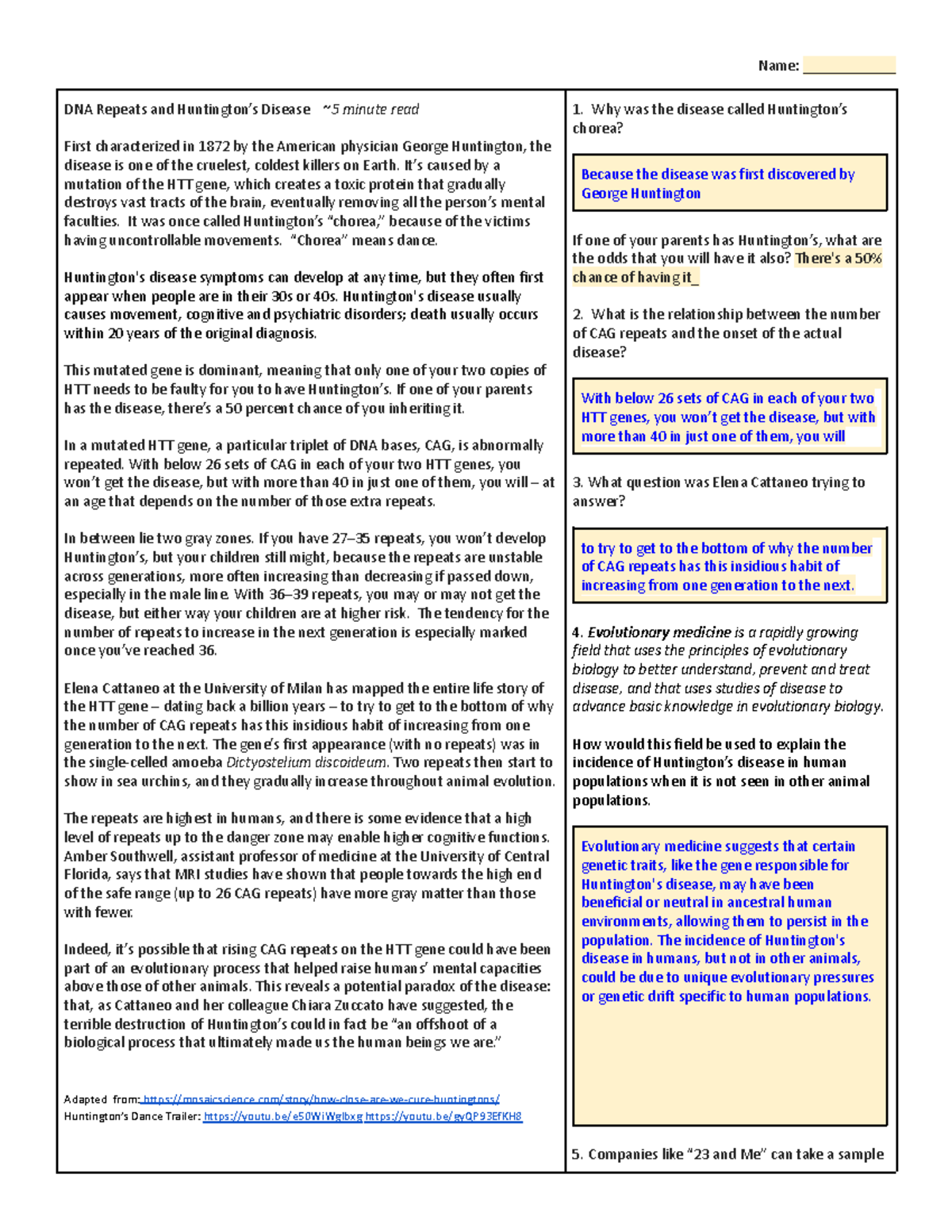 - (Article)Huntingtons Disease - CAG repeats - Name: ____________ DNA ...