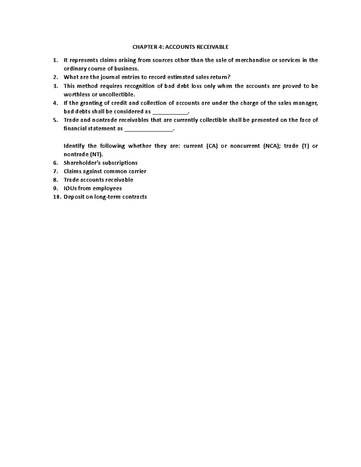 Accounts Receivable Questions (not prob solving) - CHAPTER 4: ACCOUNTS ...