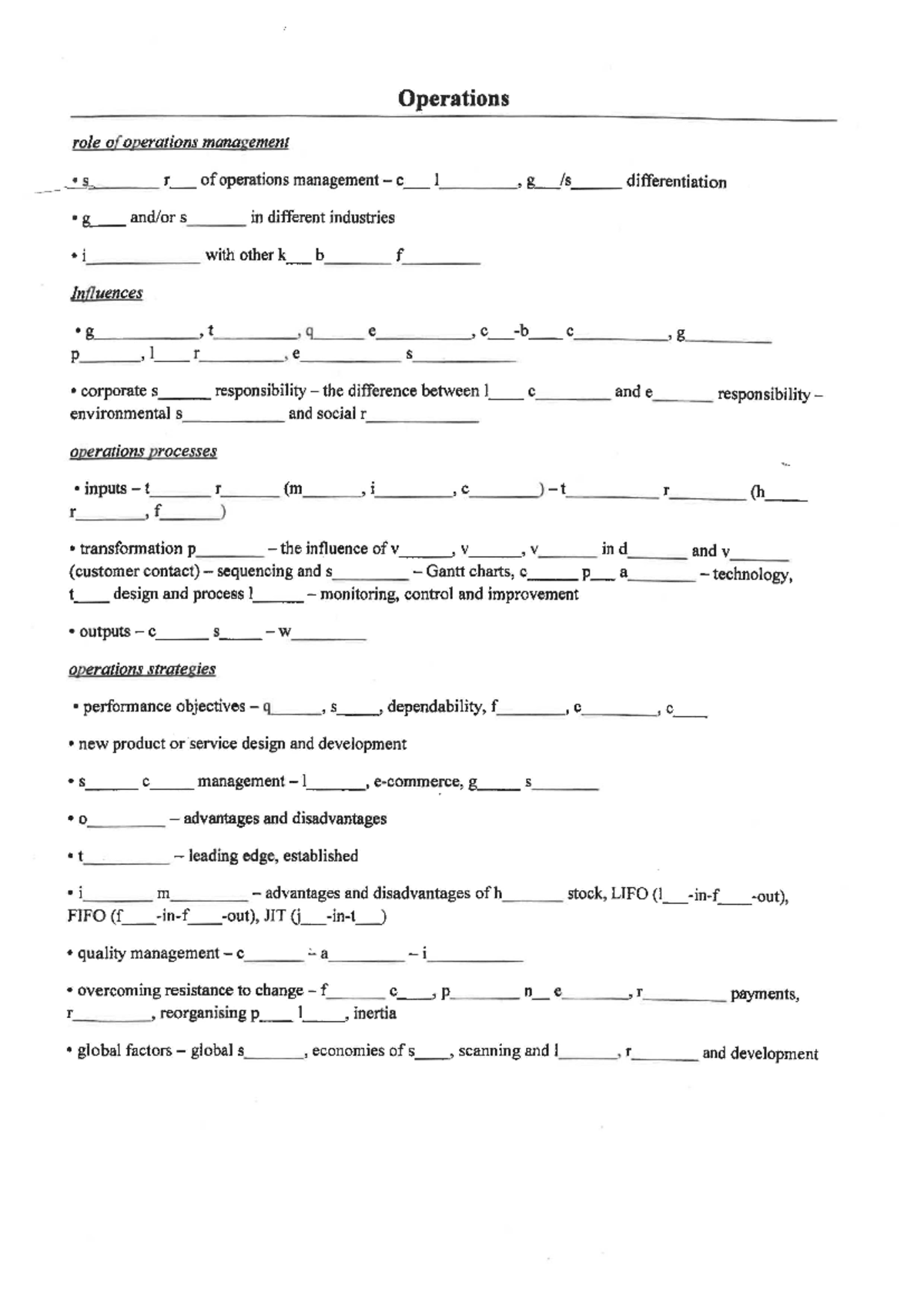 12 HSC Operations Syllabus points worksheet - Operations role of ...