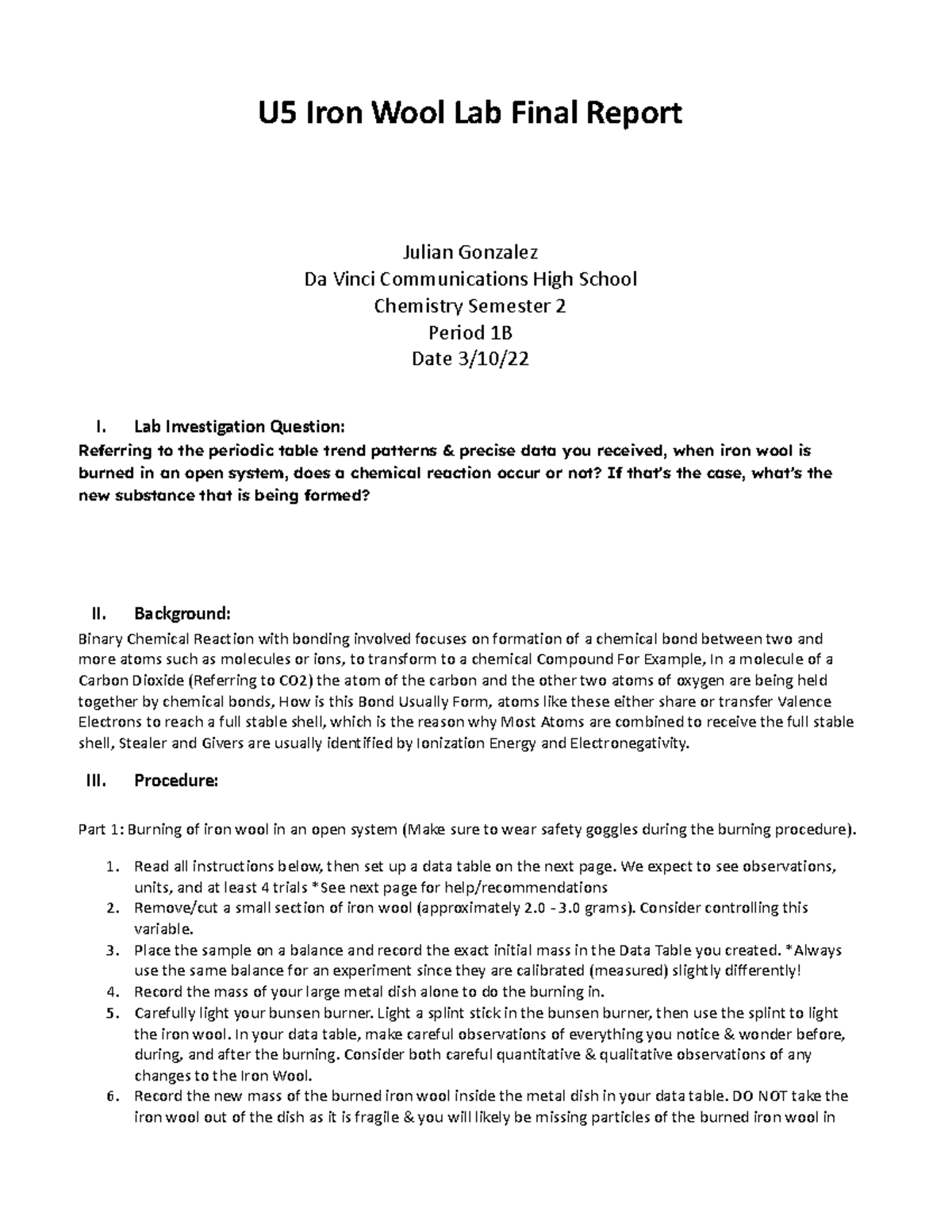 Iron Wool Lab Report - U5 Iron Wool Lab Final Report Julian Gonzalez Da ...