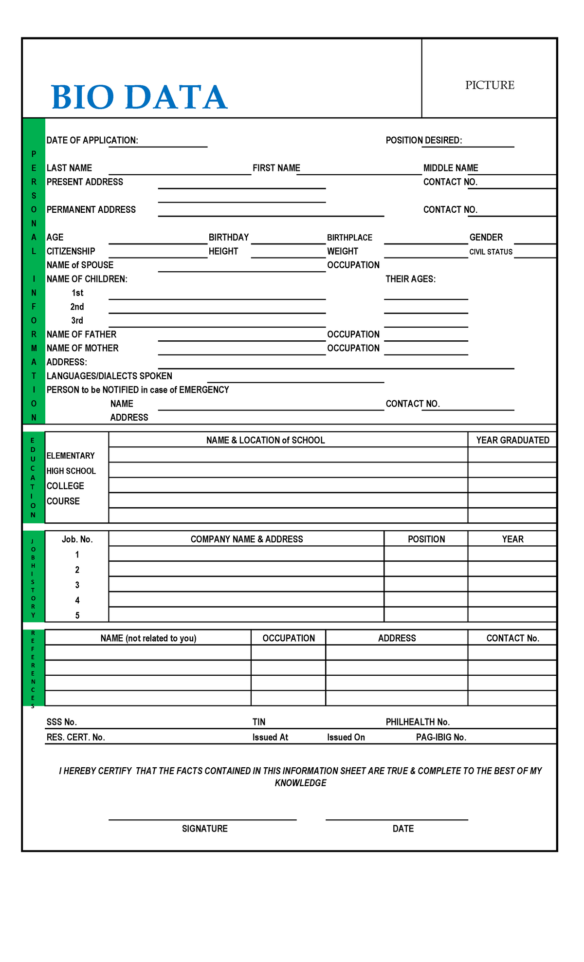 201 file for employee - BIO DATA DATE OF APPLICATION: POSITION DESIRED ...