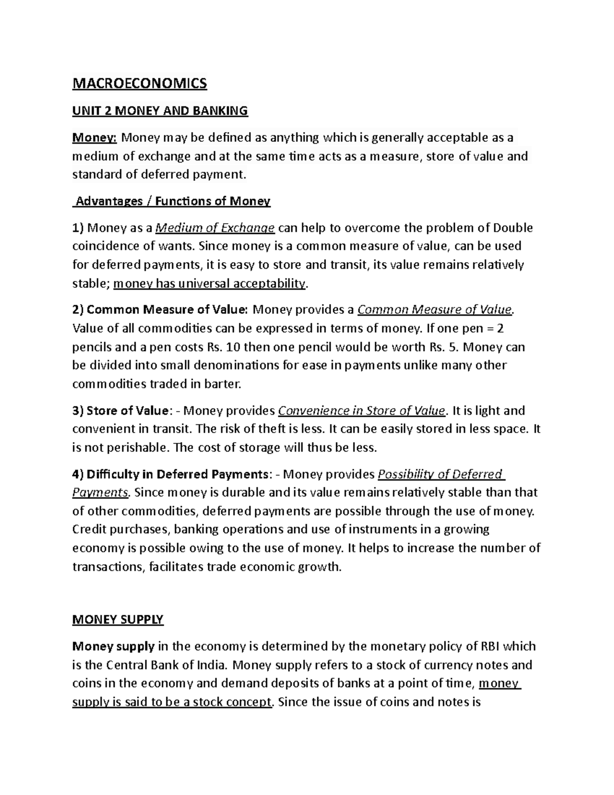 Money AND Banking Notes - MACROECONOMICS UNIT 2 MONEY AND BANKING Money ...