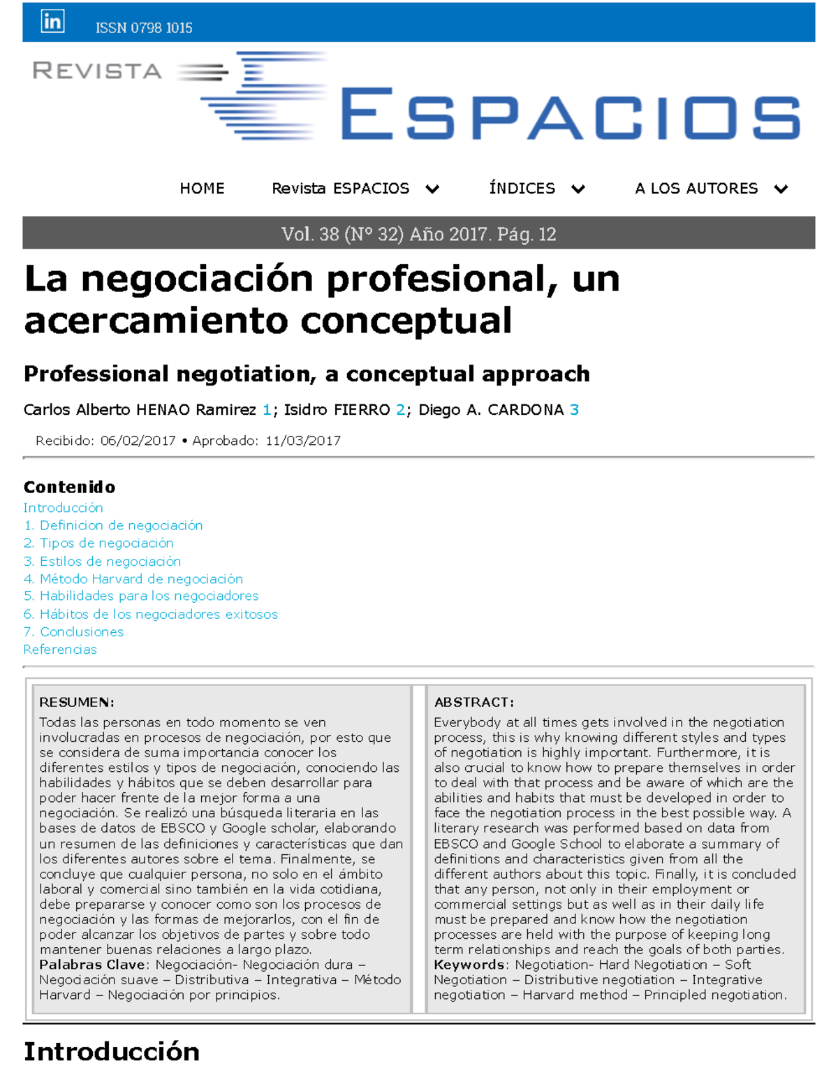 1 Lectura - NIGUNA - ISSN 0798 1015 HOME Revista ESPACIOS! ÍNDICES! A ...