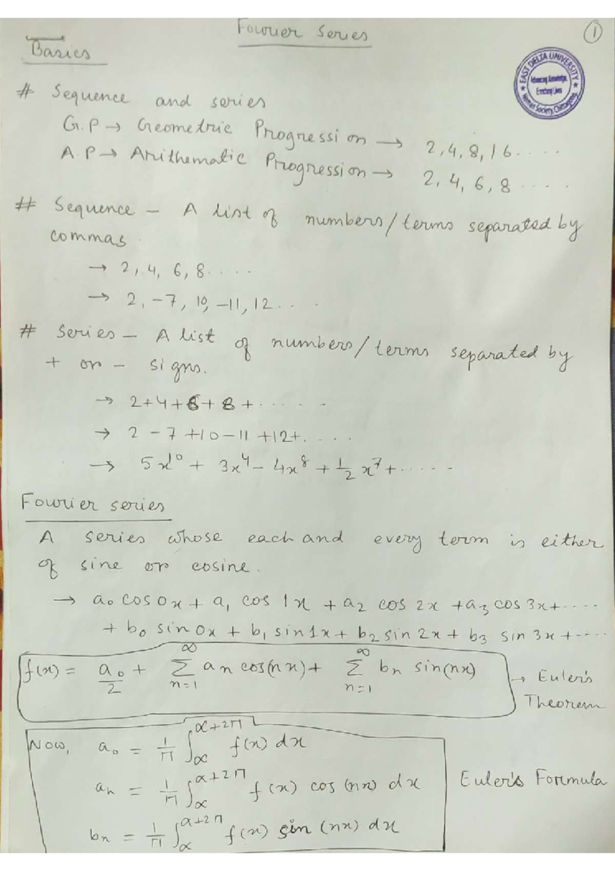 Fourier Analysis Note Class Lecture Followed By Instructor Fourier Series And Differential