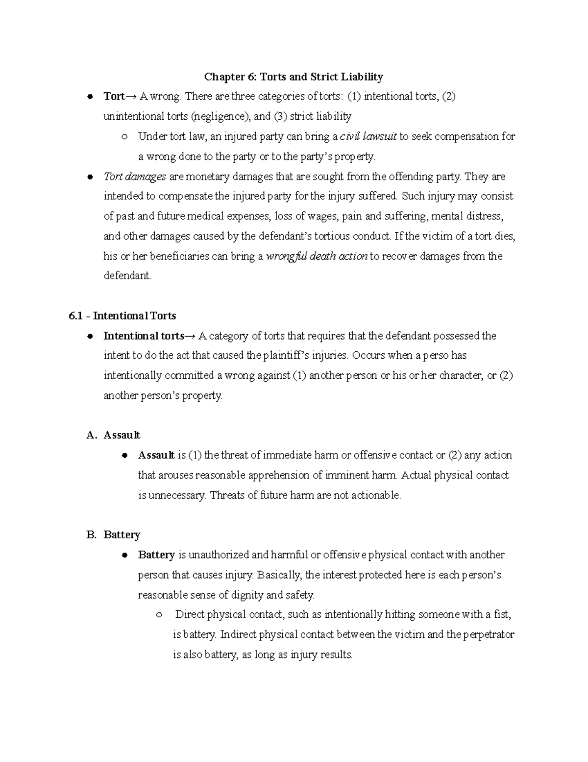 MGT 2000 Module 3 Notes - Madrid Study Abroad SLU - Chapter 6: Torts ...