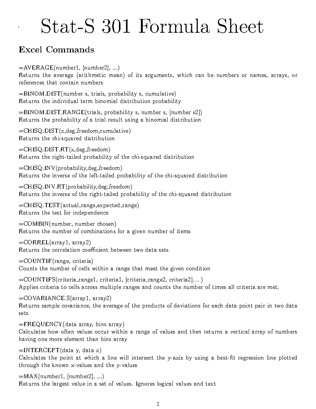 Formula Sheet Final Exam - Stat-S 301 Formula Sheet Excel Commands ...