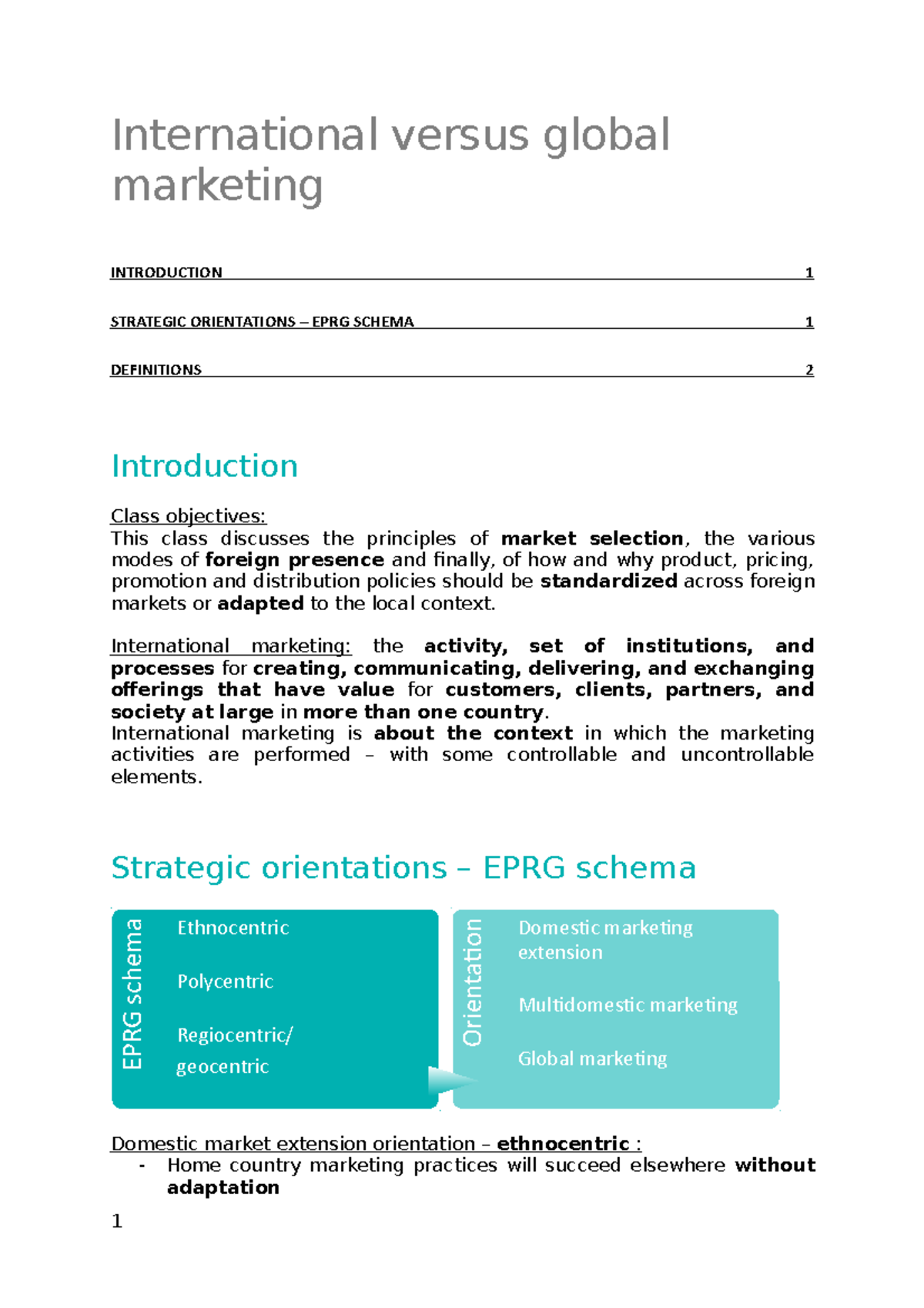 Session-1 - Notes de cours 1 - International versus global marketing ...