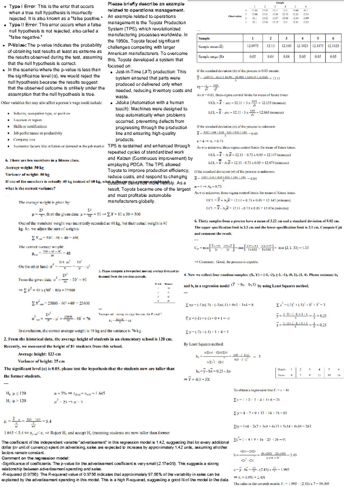 Cheatsheet Midterm - Type I Error: This is the error that occurs when a true null hypothesis is ...