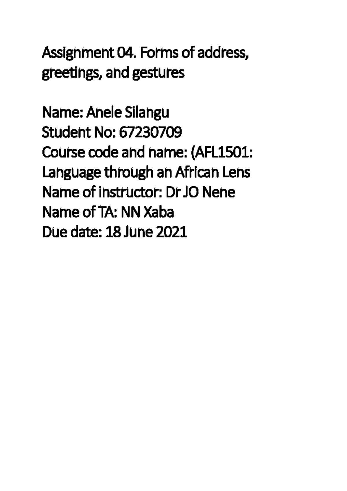 AFL1501 Assignent 4 - Summary Language Through an African Lens - Assignment 04. Forms of address ...