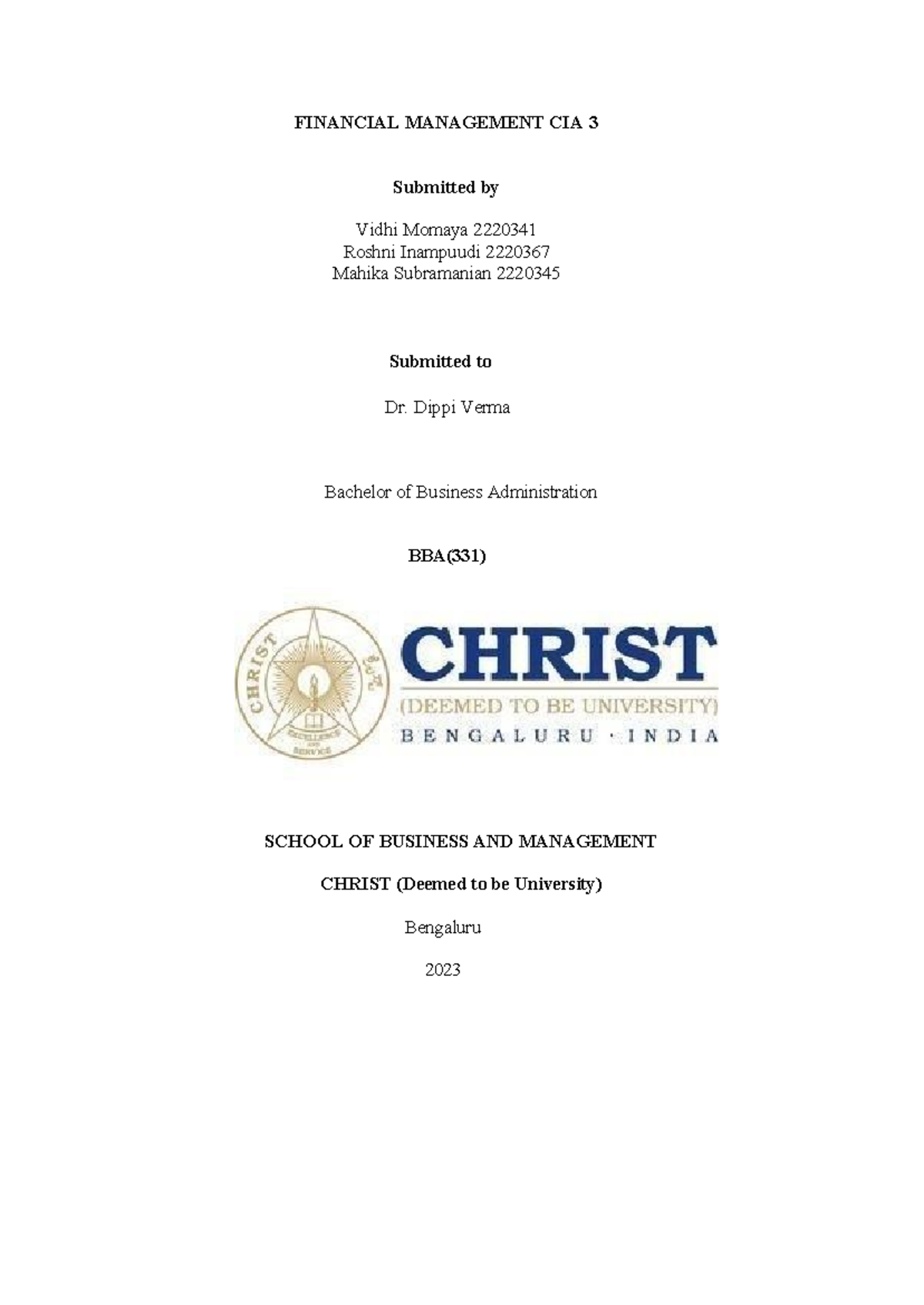 Reference fm cia 3-converted - FINANCIAL MANAGEMENT CIA 3 Submitted by Vidhi Momaya 2220341 ...