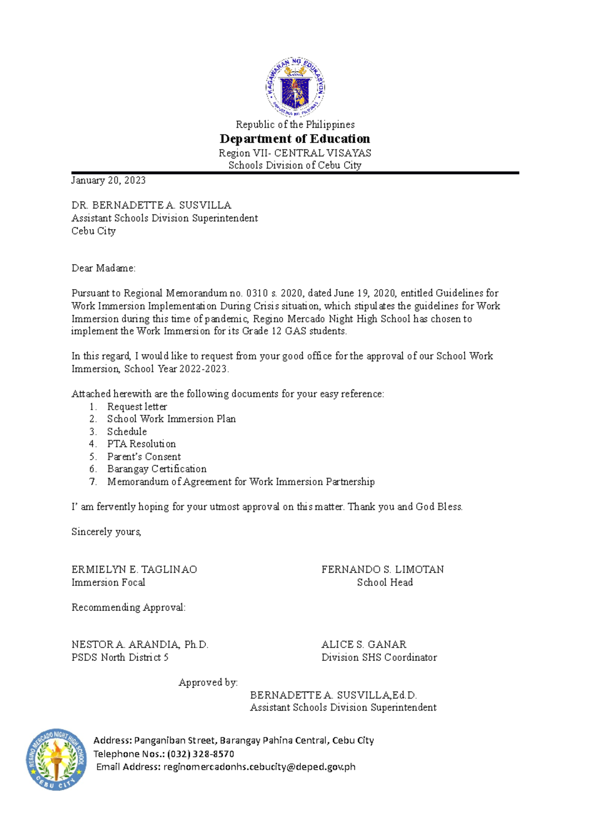 Request Letter Work Immersion 2023 - Republic of the Philippines ...
