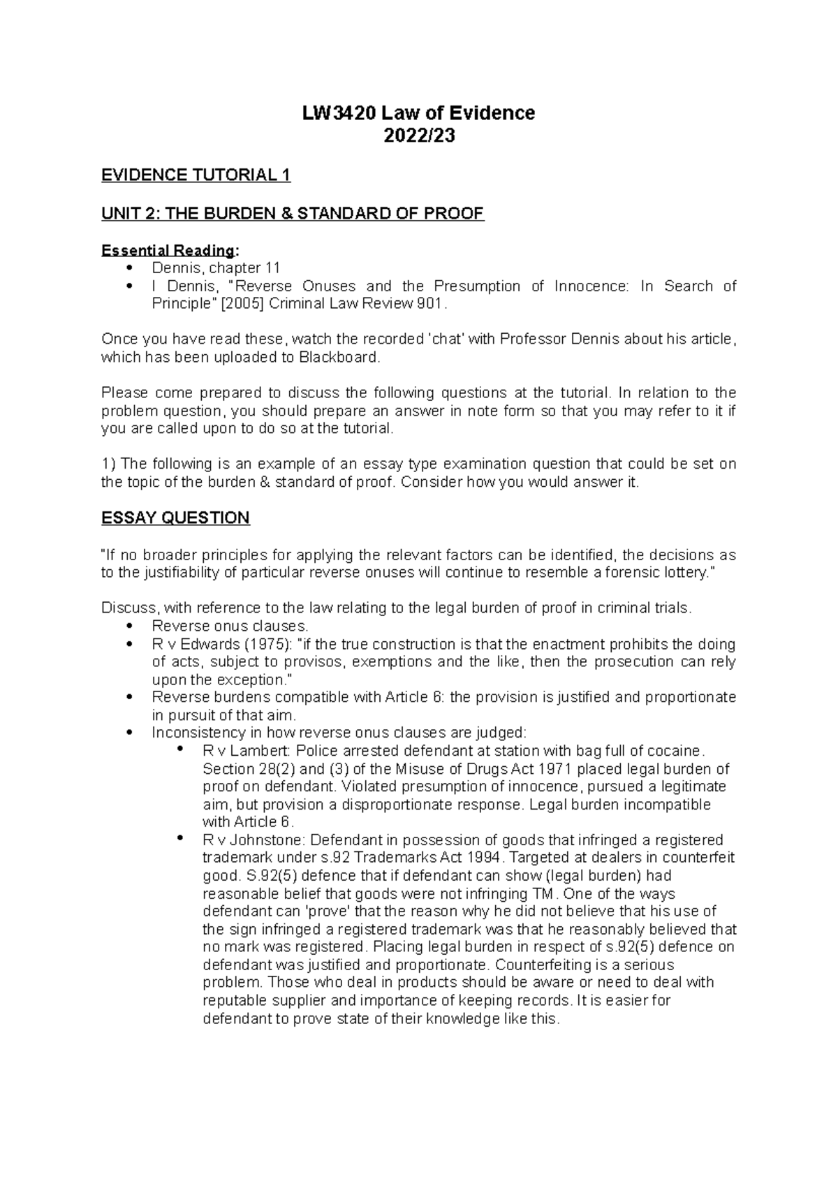 Burden and Standard of proof tutorial 1 - LW3420 Law of Evidence 2022 ...