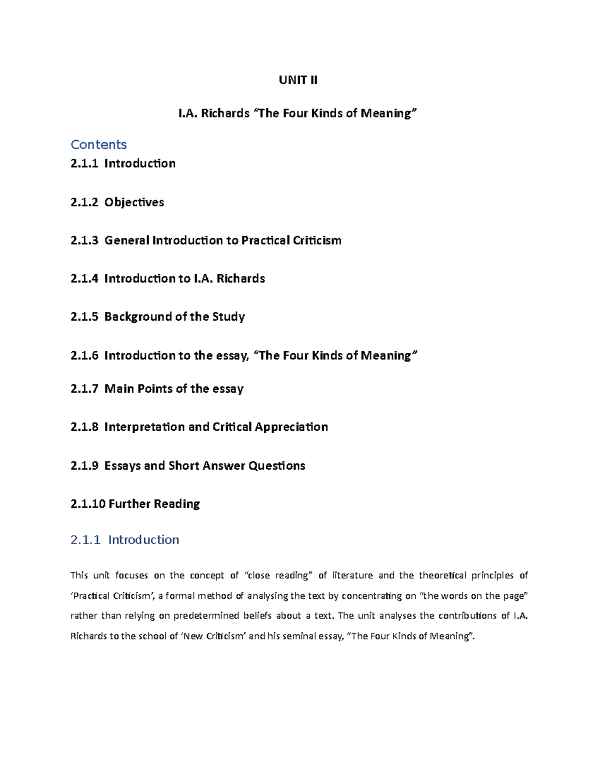 M2 Unit 2 I.A Richards - It's lecture notes - UNIT II I. Richards “The ...