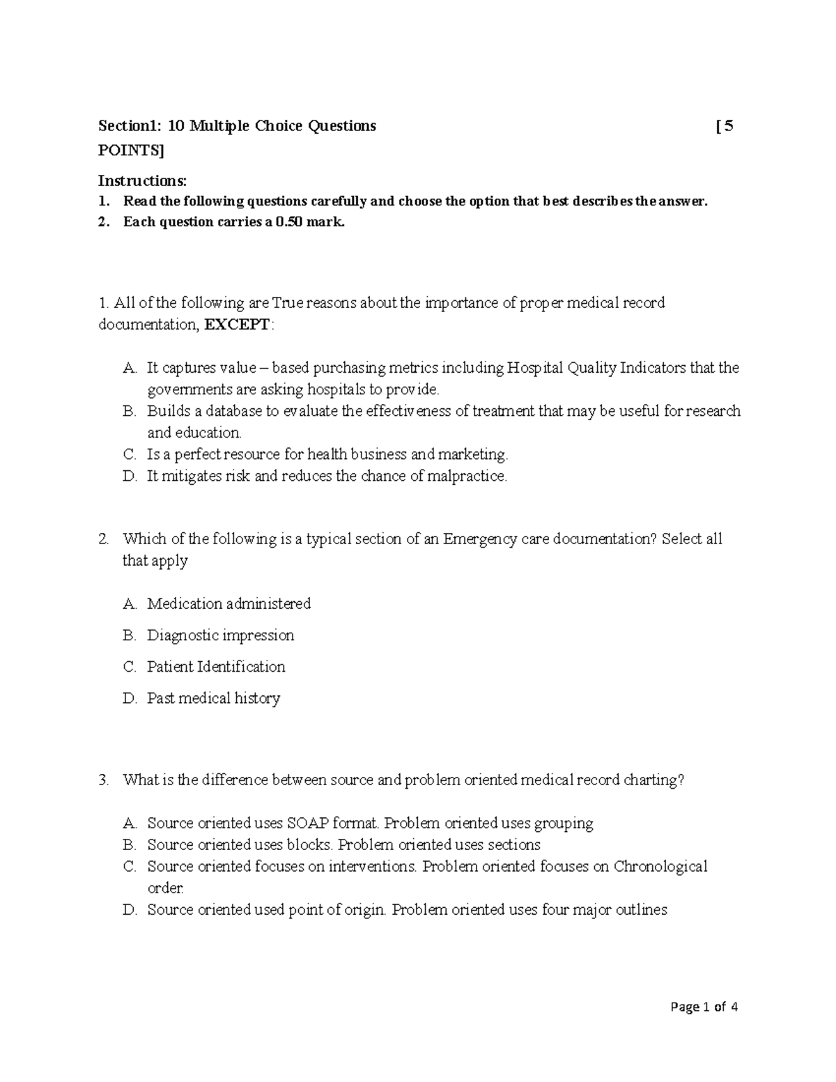 Unittest one - test - Section1: 10 Multiple Choice Questions [ 5 POINTS ...