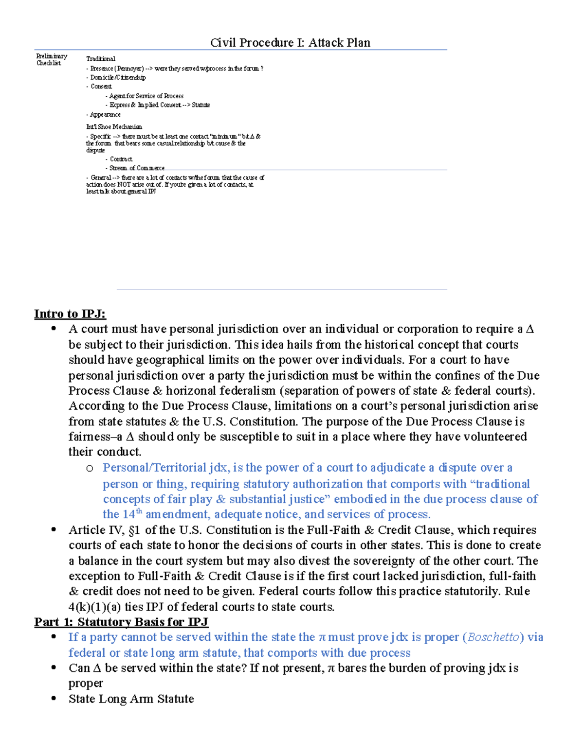 Civ Pro Attack Plan - Civil Procedure I: Attack Plan Intro to IPJ: A ...