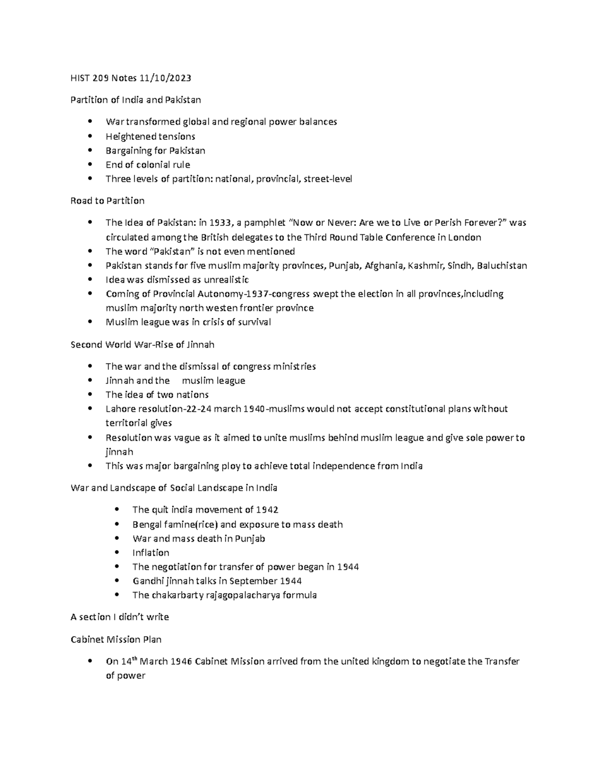THISISSOCOOLNOTESFROMATHINGWA - HIST 209 Notes 11/10/ Partition of ...