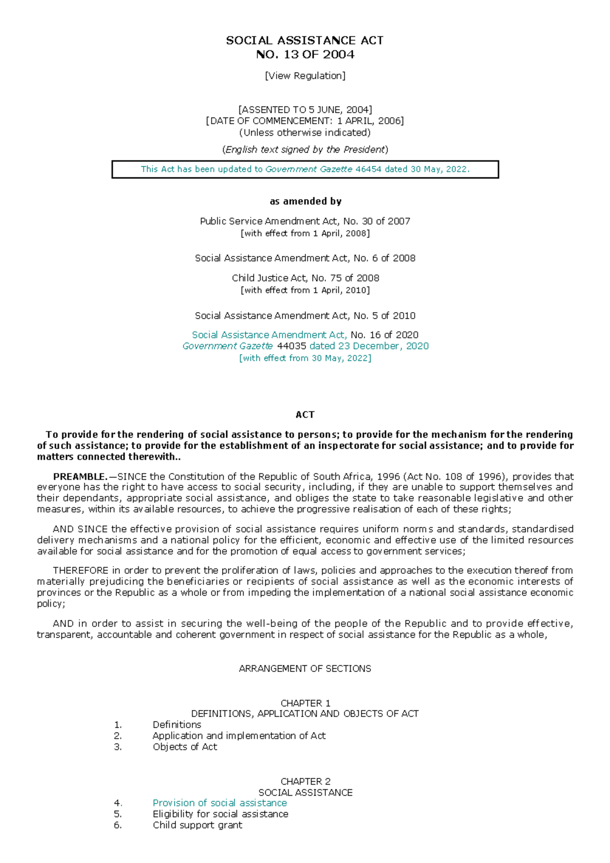 Social Assistance Act, No. 13 of 2004 - SOCIAL ASSISTANCE ACT NO. 13 OF 2004 [View Regulation ...