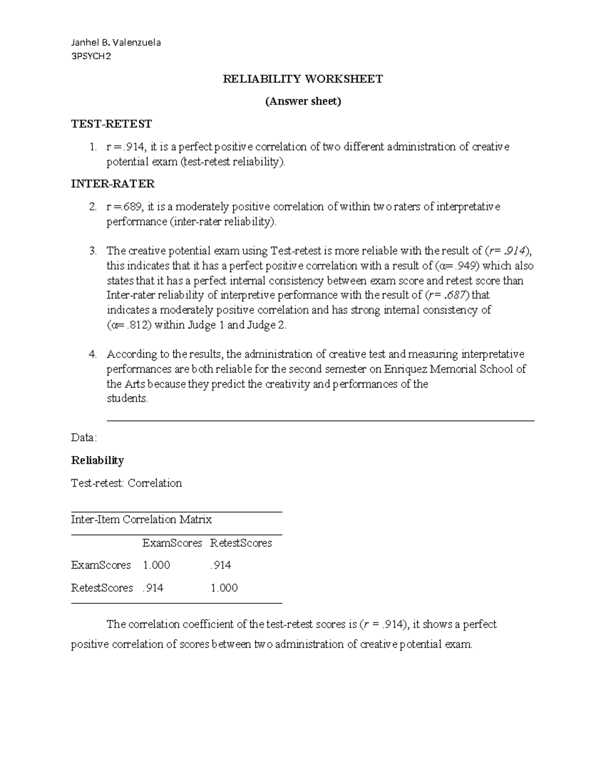 Reliability Worksheet - Janhel B. Valenzuela 3PSYCH RELIABILITY ...