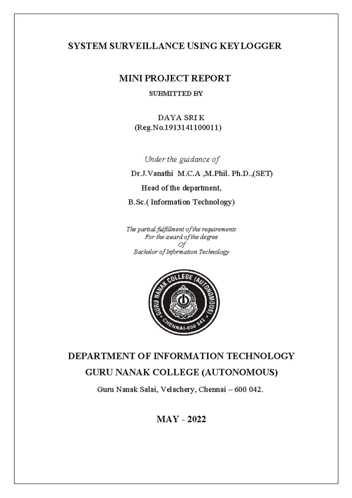 Sample-project-documentation - SYSTEM SURVEILLANCE USING KEYLOGGER MINI PROJECT REPORT SUBMITTED ...