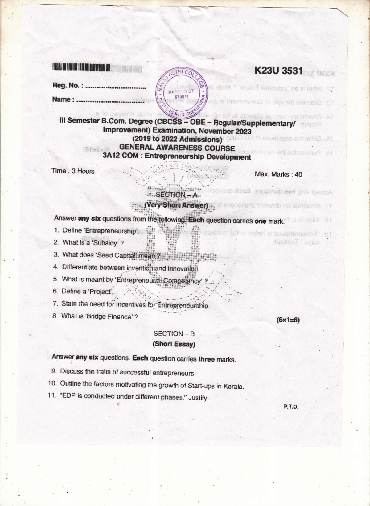 3A12COM-EDP - QUESTION - I 1 J rffilHImItffiI Reg. No.: Name: Time: 3 Hours K23U 3531 Max. Marks ...