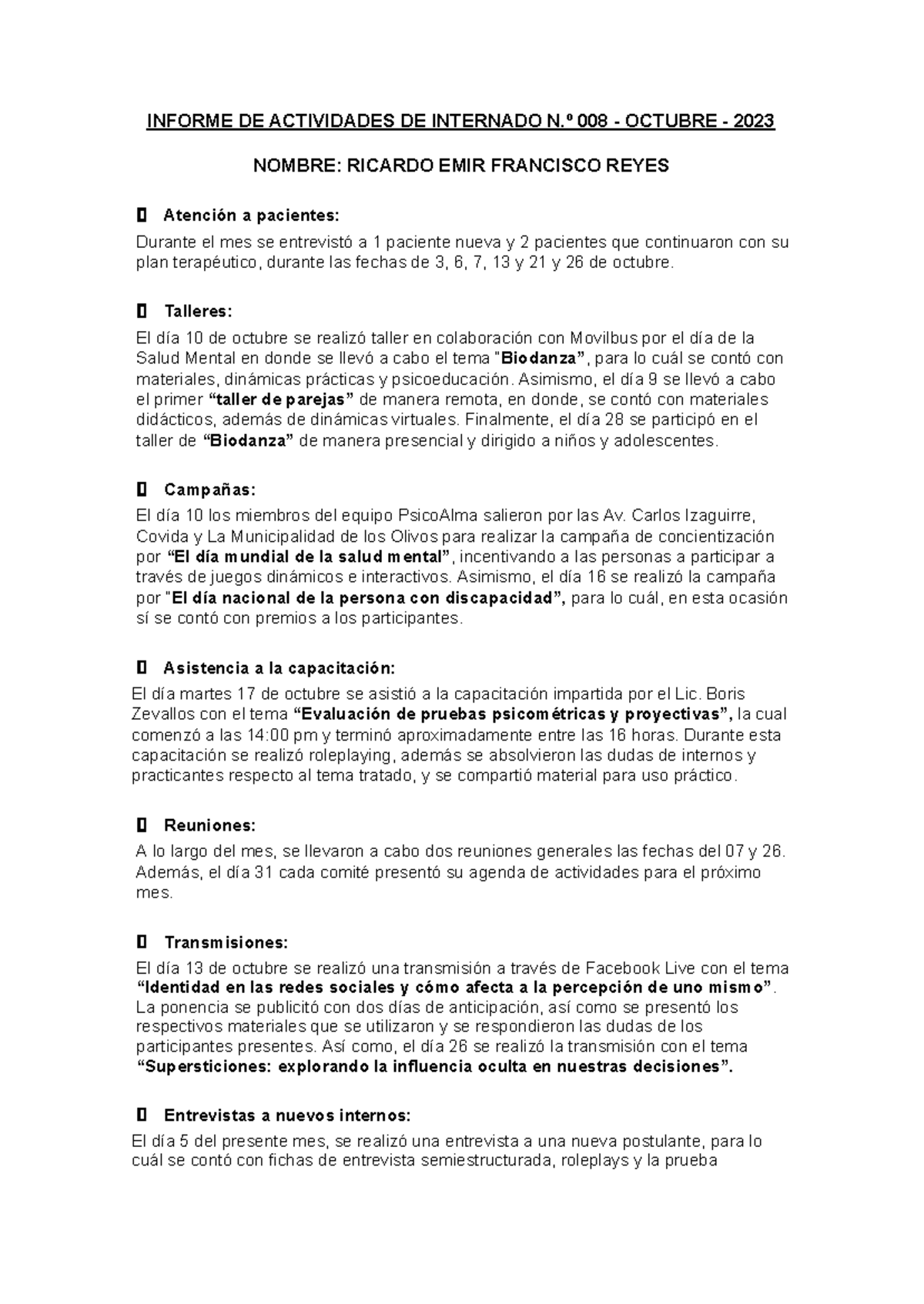 Modelo DE Informe Mensual - INFORME DE ACTIVIDADES DE INTERNADO N.º 008 ...