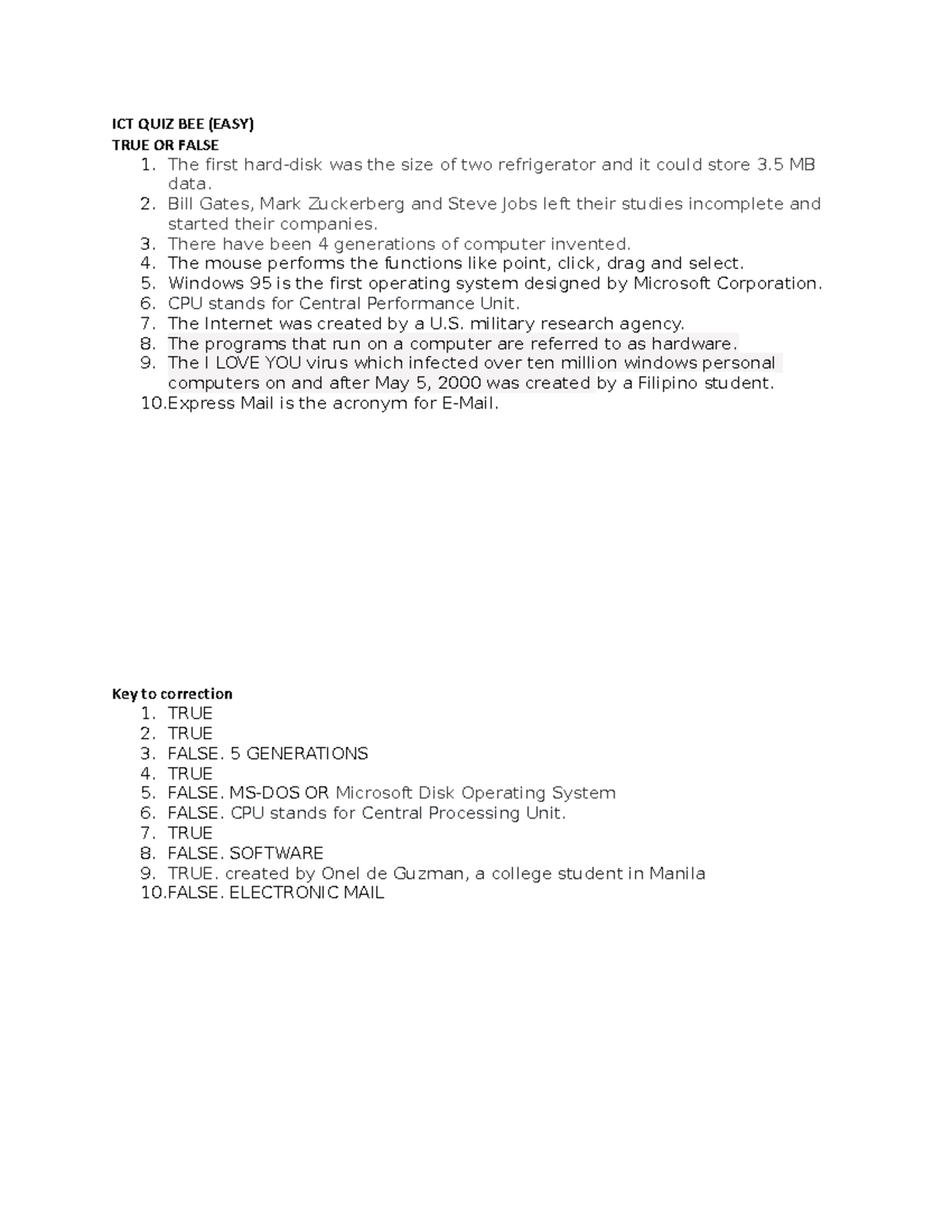 ICT QUIZ BEE - EASY - Preilimanry Exmiantion in ict - ICT QUIZ BEE ...