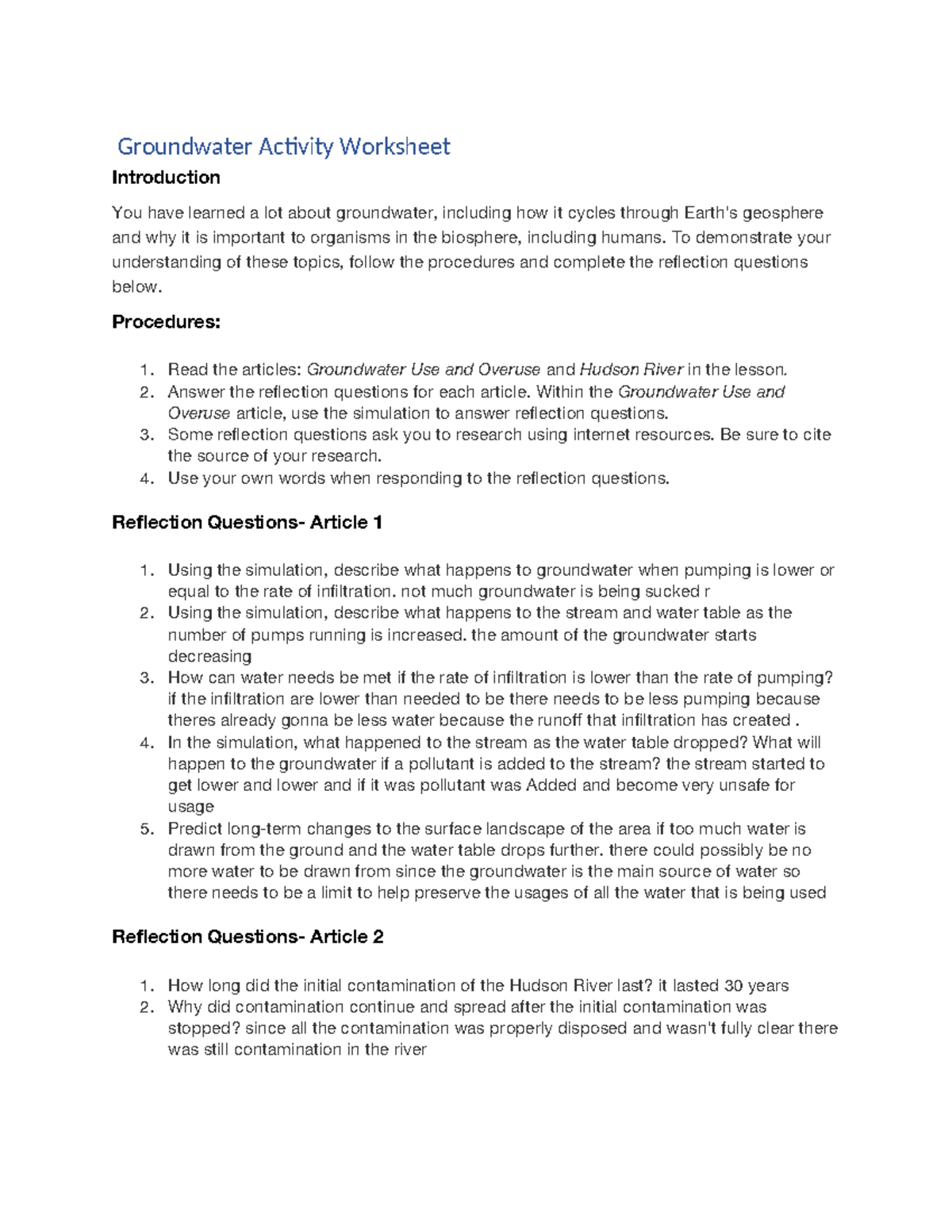 Groundwater activity worksheet - Groundwater Activity Worksheet ...
