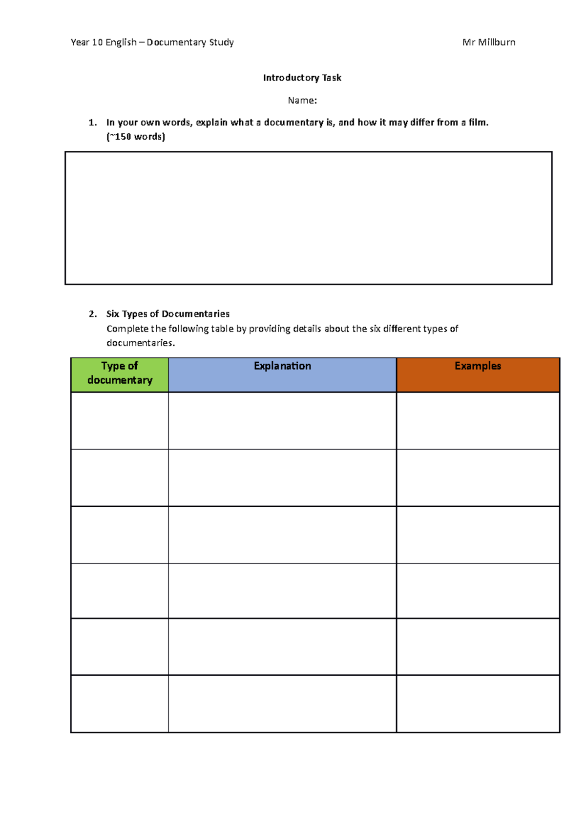 3.1 Documentary Introduction Task - Year 10 English – Documentary Study ...