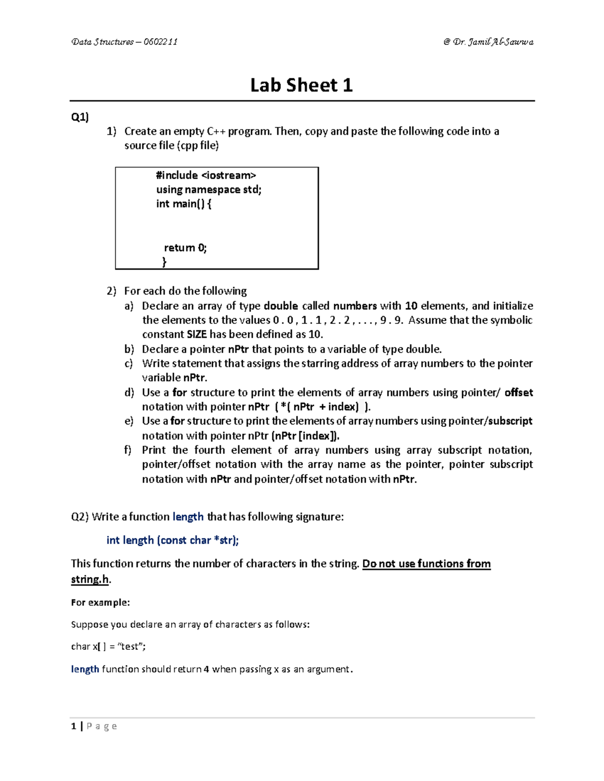 Lab Sheet 1 Pointer Computer Science Data Structures 0602211 Dr Jamil Al Sawwa 1 P A