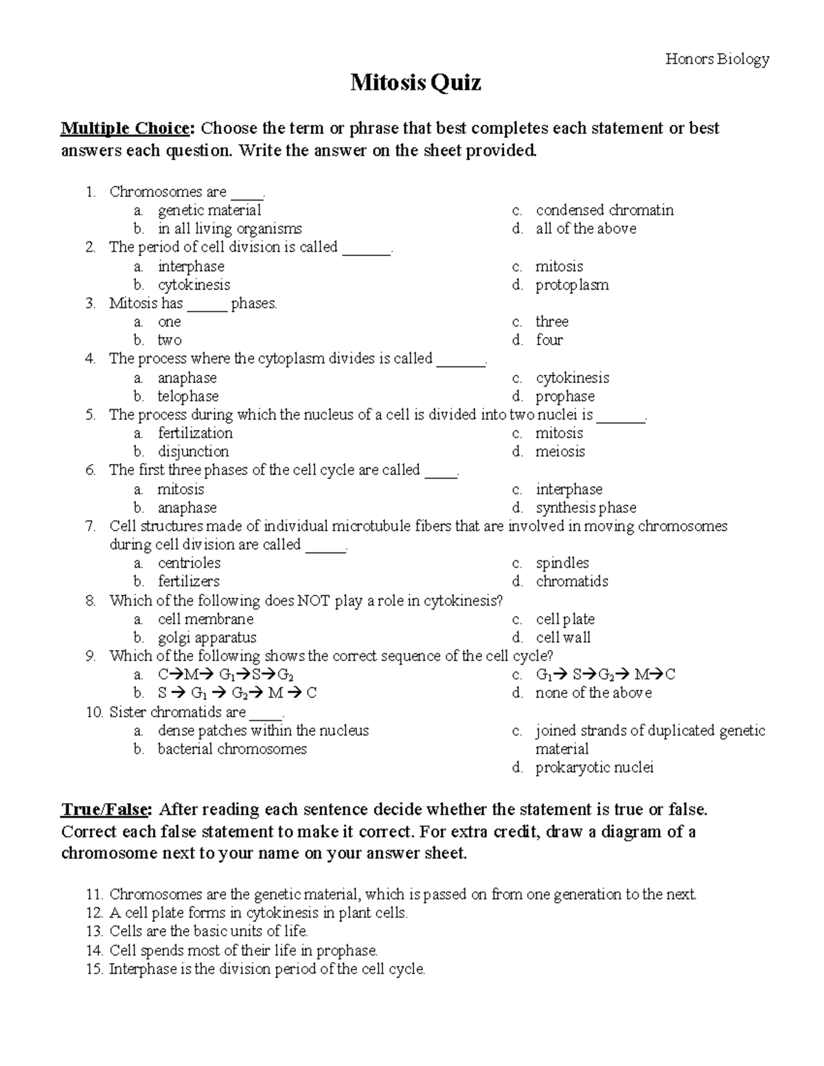 7.07Mitosis Quiz - okokokookokokok - Honors Biology Mitosis Quiz ...