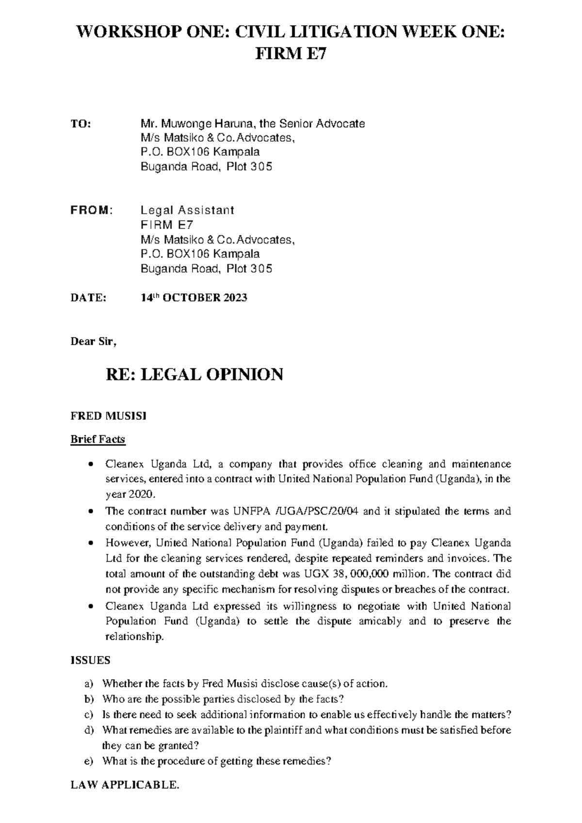FIRM E7 Workshop ONE Civil Litigation WEEK ONE - WORKSHOP ONE: CIVIL ...