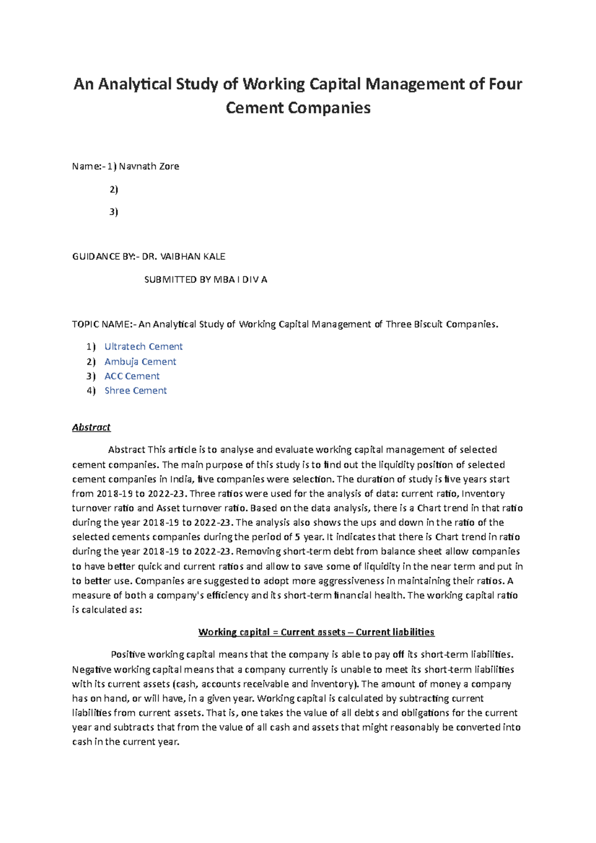 EADR project DIV A - Nothing - An Analytical Study of Working Capital ...