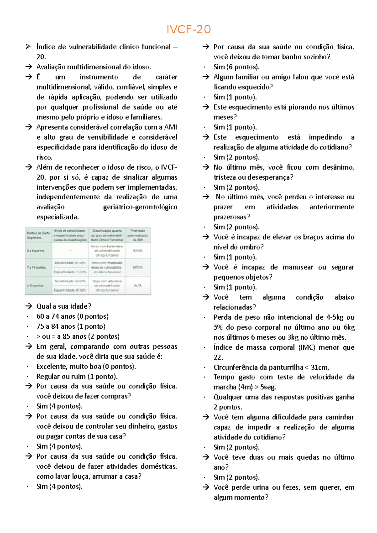 IVCF aula - resumo - IVCF- Índice de vulnerabilidade clinico funcional ...