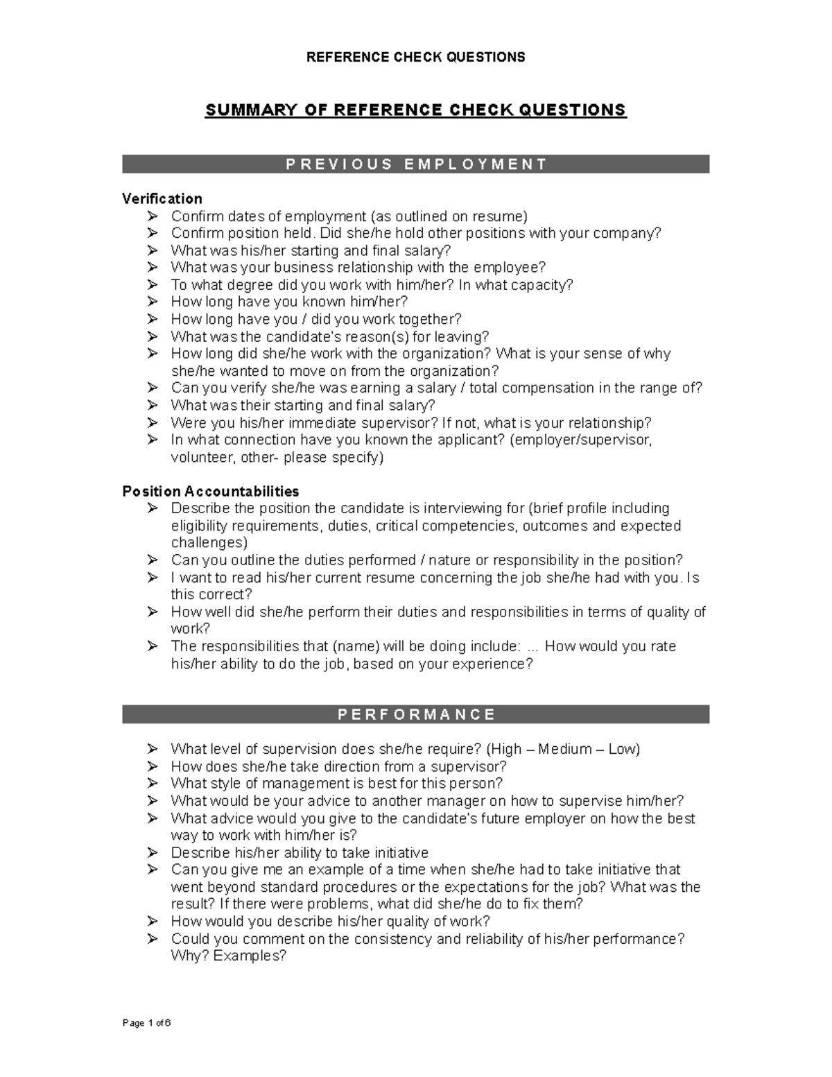 Sample Reference Check Questions SUMMARY OF REFERENCE CHECK QUESTIONS