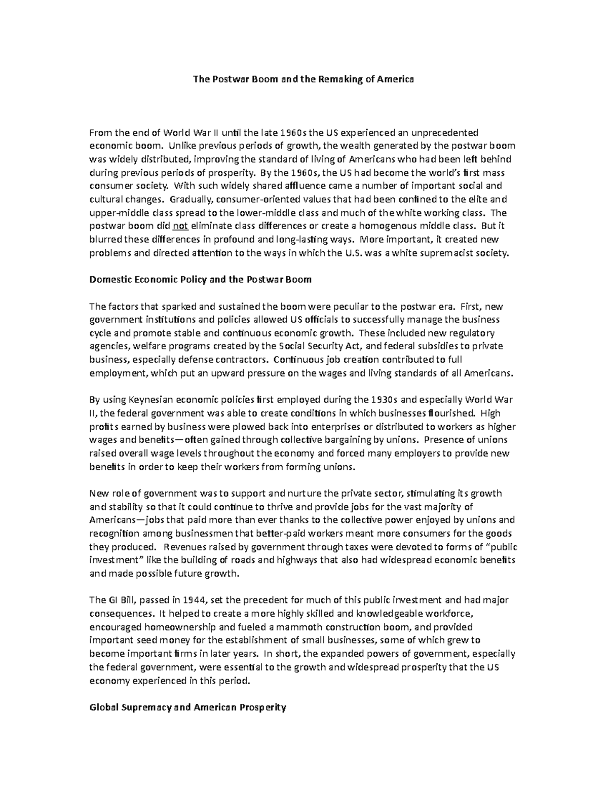 The Postwar Boom and the Remaking of America - Unlike previous periods ...